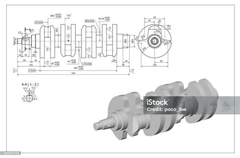 크랭크 샤프트 Cad 기술 도면 및 3d 일러스트 레이 션 기계 부품 피스톤 엔진 모터 흰색 배경 절연 강철에 대한 스톡 사진 및 기타 이미지 Istock