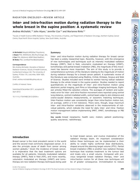 Pdf Inter And Intra Fraction Motion During Radiation Therapy To The