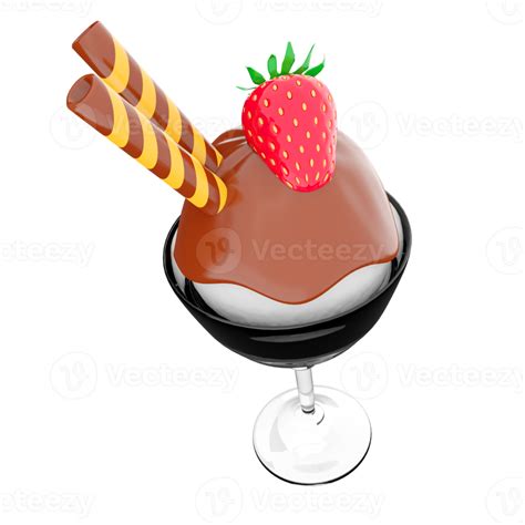 3d Rendering Ice Cream Scoop With Chocolate Topping And Strawberries With Sticks Icon 3d Render