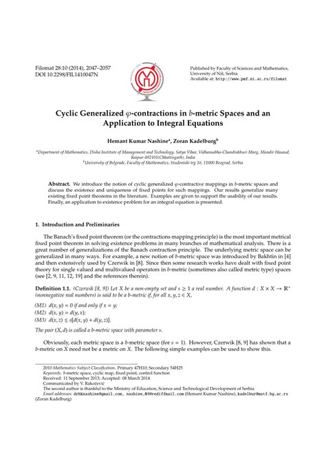 Pdf Cyclic Generalized Phi Contractions In B Metric Spaces And An Application To Integral