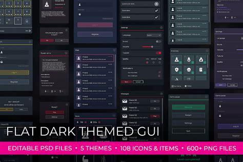 Flat Dark Themed Gui Ui Kit Over 600 Png 2d Gui Unity Asset Store