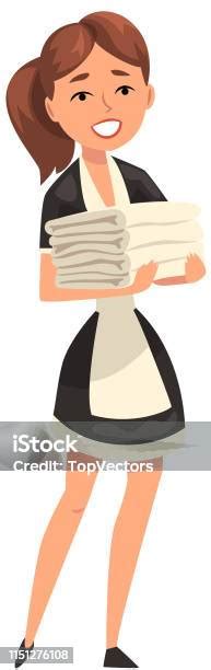 웃는 메이드 스택 깨끗 한 세탁 하 녀 캐릭터 착용 클래식 유니폼 블랙 드레스와 화이트 앞치마 청소 서비스 벡터 일러스트 레이