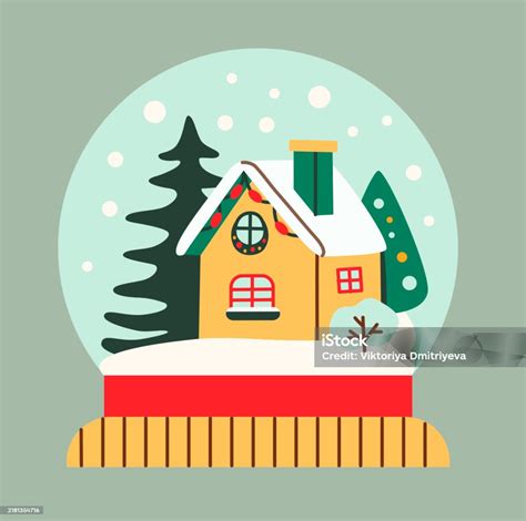 눈 나무 휴일 장식으로 둘러싸인 아늑한 겨울 집을 특징으로 하는 크리스마스 스노우 글로브의 매력적인 평면 스타일 그림입니다 크리스마스 카드 장식 및 축제 디자인에 적합합니다
