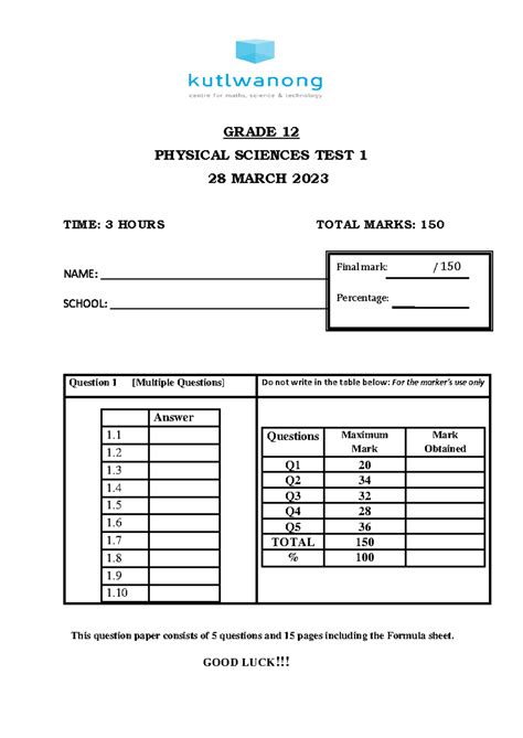 Grade 12 Physical Sciences Test 1 28 March 2023 Grade 12 Physical Sciences Test 1 28 March