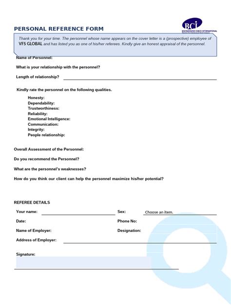 Vfs Global Personal Reference Form Pdf