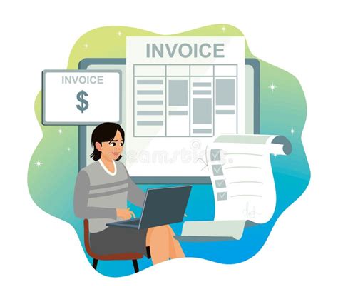 Female Worker Filling Out Invoice Using Laptop Computer Stock Vector
