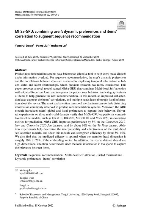 pdf mhsa‑gru combining user s dynamic preferences and items correlation to augment sequence
