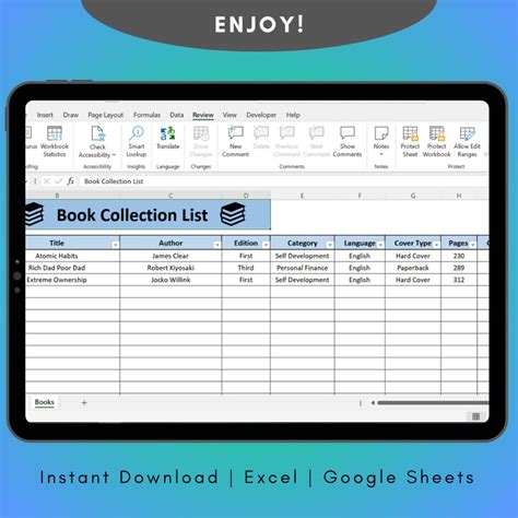 Book Collection List Excel Spreadsheet Template Book Tracker Template Reading Journal Tracker