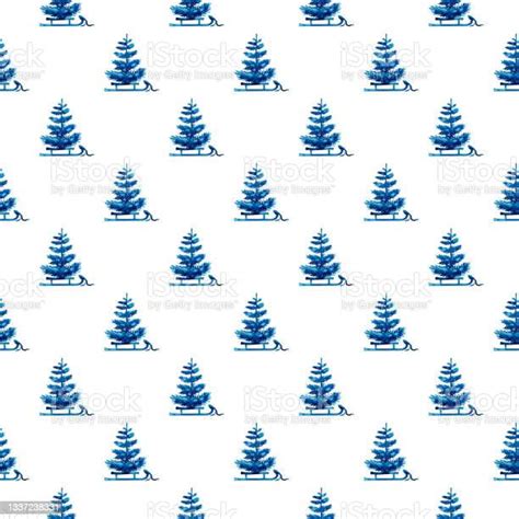 Xmas 수채화 소나무와 블루 컬러의 썰매 매끄러운 패턴 장식품 포장 또는 크리스마스 선물에 대한 손으로 그린 전나무 나무 배경
