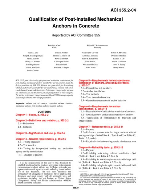 Aci 355 2 04 Qualification Of Post Installed Anchors In Concrete Pdf
