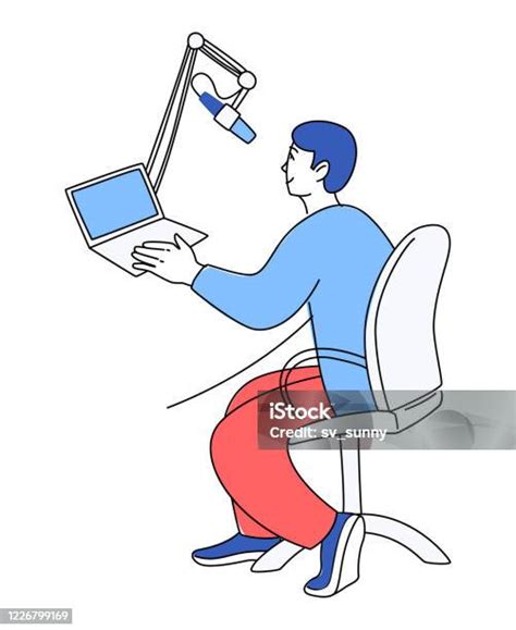 라디오 호스트 낙서 그리기입니다 마이크 마이크에 말하는 여성 팟 캐스터 라이브 스트리밍에 대한 스톡 벡터 아트 및 기타 이미지