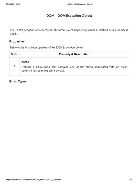 Dom Domexception Object Pdf Document Object Model Object Computer Science