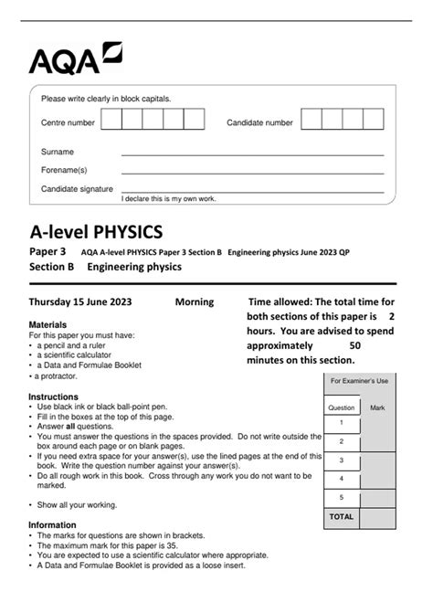 AQA A Level PHYSICS Paper Section B Engineering Physics June QP AQA Stuvia US