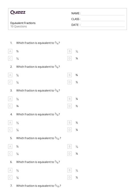 50 Equivalent Fractions Worksheets For 7th Class On Quizizz Free
