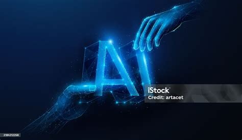 중앙에 Ai를 구축하는 로우 폴리곤 손의 추상 그림 인공 지능 기술 연구 및 개발을 묘사한 파란색 기하학적 배경 와이어프레임 연결 구조별 개념 3차원 형태에 대한 스톡 벡터