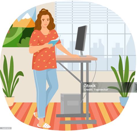 거실에서 컴퓨터를 들고 테이블 근처에 서서 책을 읽는 젊은 여성 집에서 공부 일러스트레이션에 대한 스톡 벡터 아트 및 기타 이미지 일러스트레이션 가정의 방 거실