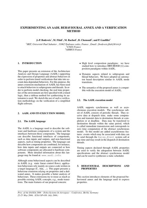 Pdf Experimenting An Aadl Behavioural Annex And A Verification Method