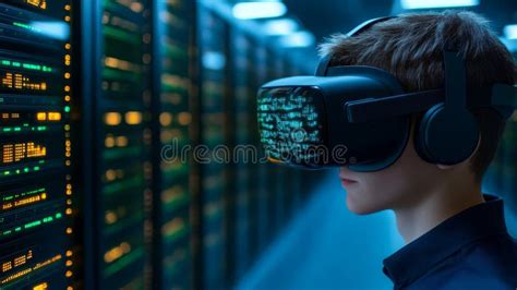 Person Using VR Headset In Data Center Stock Illustration