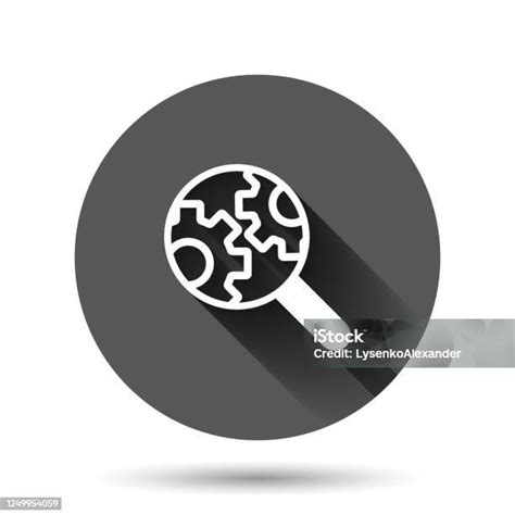 플랫 스타일의 기어 아이콘루페 긴 그림자 효과와 검은 둥근 배경에 유리 벡터 그림을 돋보이게 서 탐험 원 버튼 비즈니스 개념 검색에 대한 스톡 벡터 아트 및 기타 이미지