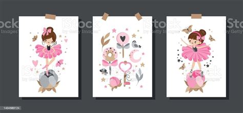 엽서를 설정합니다 별 구름 및 심장의 배경에 귀여운 발레리나 간단한 스타일의 벡터 일러스트레이션 발레 댄서에 대한 스톡 벡터