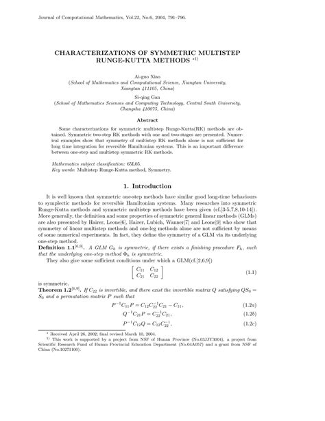 Global Science Press Characterizations Of Symmetric Multistep Runge Kutta Methods