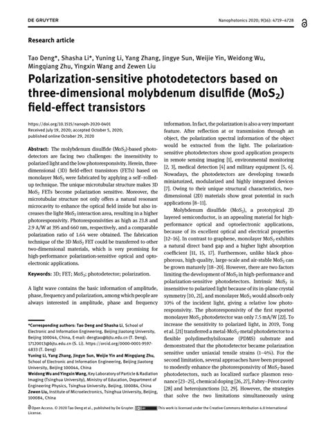 Pdf Polarization Sensitive Photodetectors Based On Three Dimensional Molybdenum Disulfide Mos