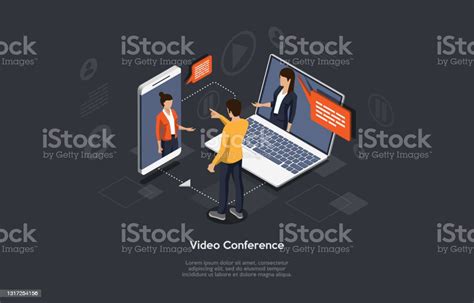 쓰기와 어두운 배경에 등색 3d 벡터 그림 만화 구성 비디오 컨퍼런스 온라인 회의 개념 사람들은 문자와 스마트 폰과 노트북을