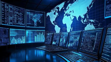 Control Room With Multiple Digital Screens Displaying Global Maps And Data Technology And