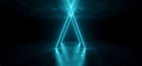 네온 조명 공상 과학 소설 미래 삼각형 모양의 활기찬 파란색 빛나는 그런 지 콘크리트 바닥 천장 지하 차고 터널 복도 어두운 빈 가상 3d 렌더링 0명에 대한 스톡 사진 및