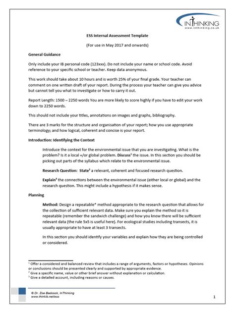 Ess Internal Assessment Template Inthinking 1 Pdf Validity