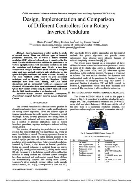 Design Implementation And Comparison Of Different Controllers For A Rotary Inverted Pendulum Pdf