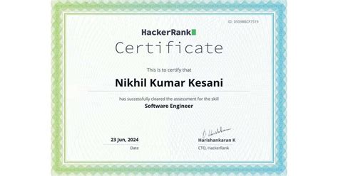Earned A Software Engineer Certification From Hackerrank Nikhil Kumar Kesani Posted On The