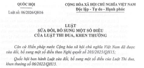 Toàn Văn Luật Thi đua Khen Thưởng Sửa đổi 2026 Luật Số 06 2026 Qh16