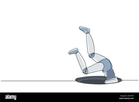 Single One Line Drawing Robot Falling Into Pit Hole Protruding Legs