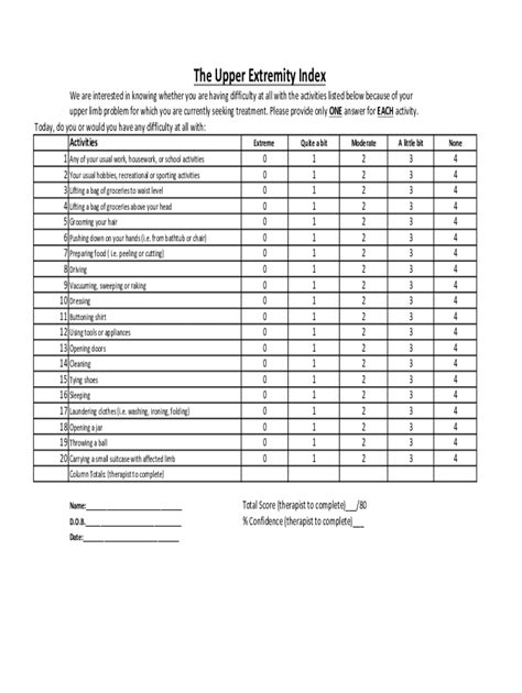 Fillable Online Upper Extremity Functional Index Youngs Physical Therapy And Sports Rehab Fax