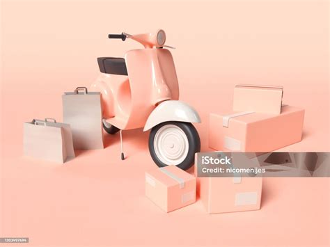 3d 일러스트레이션 상자와 종이 봉투배달 스쿠터 3차원 형태에 대한 스톡 사진 및 기타 이미지 3차원 형태 가방 개념 Istock