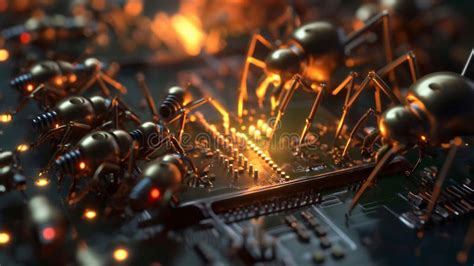 A Robotic Arm Engages In Precise Nanotechnology Manipulation Amidst Glowing Blue Orbs Stock