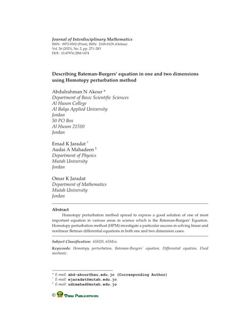 Pdf Describing Bateman Burgers Equation In One And Two Dimensions Using Homotopy Perturbation