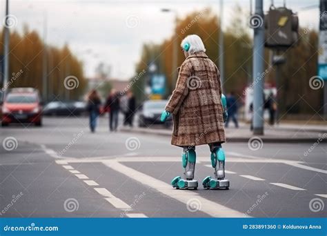 The Robot Takes The Old Woman Across The Road At A Pedestrian Created