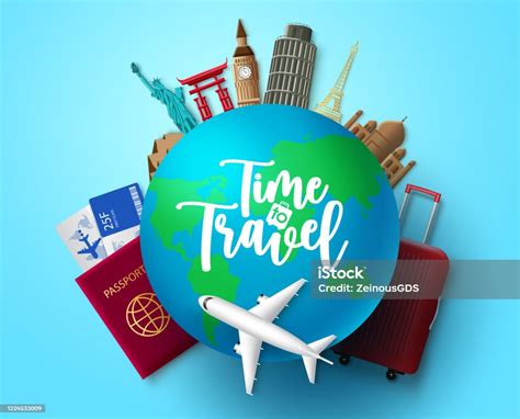 벡터 컨셉 설계를 이동하는 시간입니다 휴가 여행 및 투어 모험을위한 여행 및 세계 국가 랜드 마크 요소와 함께 세계 로 텍스트를 여행 할 시간 유명한 장소에 대한 스톡 벡터