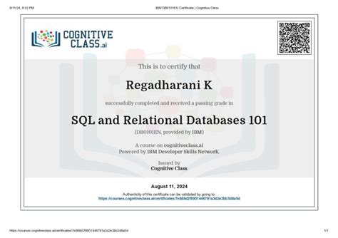 Continuouslearning Sql Ibmcertification Databaseskills Regadharani K