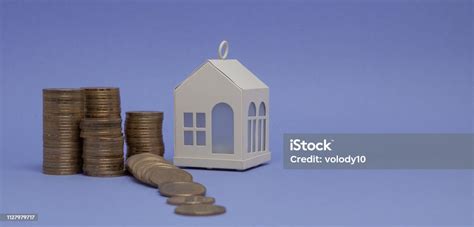 기계 모델 및 가정 보라색 배경에 대 한 히스토그램의 형태로 동전과 회색 대출 저축 판매 임대 재산의 개념 0명에 대한 스톡 사진 및 기타 이미지 Istock