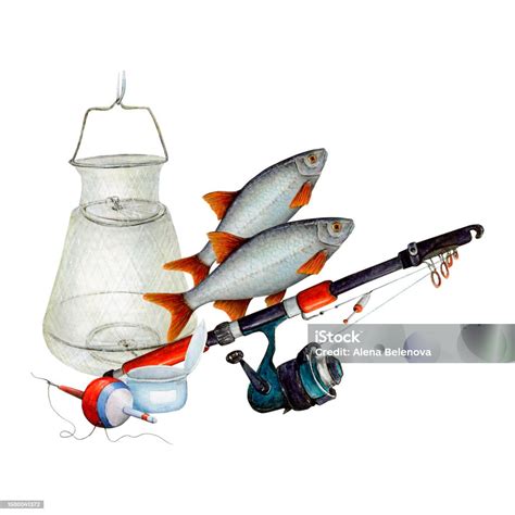 낚시 장비의 수채화 그림 세트 낚싯줄 보블러 물고기 두 마리 쿠칸 그물 미끼 캔이 있는 낚싯대 배경 화면 로고 배너 아이콘 카드 전단지 직물 엽서 포장지 스티커 배경 화면용