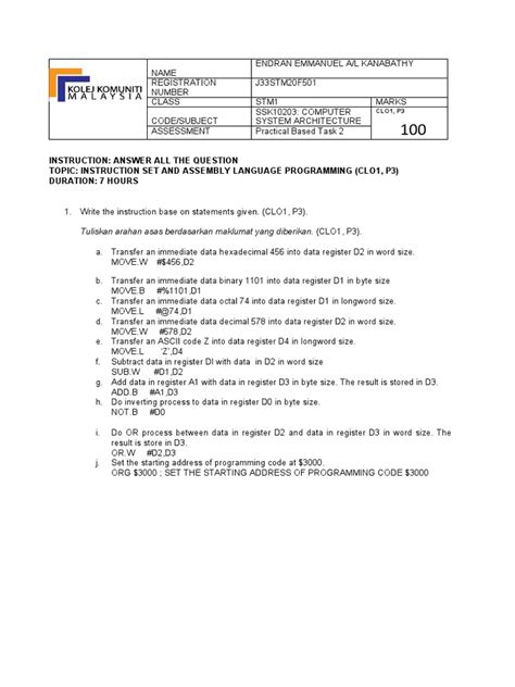 Instruction Answer All The Question Topic Instruction Set And Assembly Language Programming