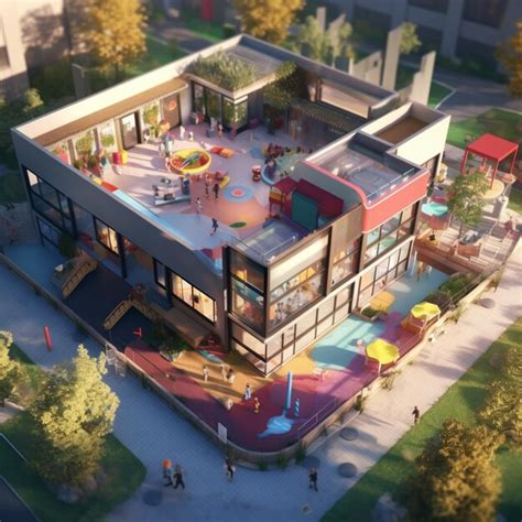 Premium Photo Rendering Of A Modern Building With A Playground And A