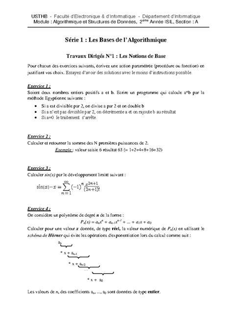 Examen Algo L1 S1 Module Algorithmique 2 Semestre S2 Durée 1h00mn Corrigé Dexamen Final