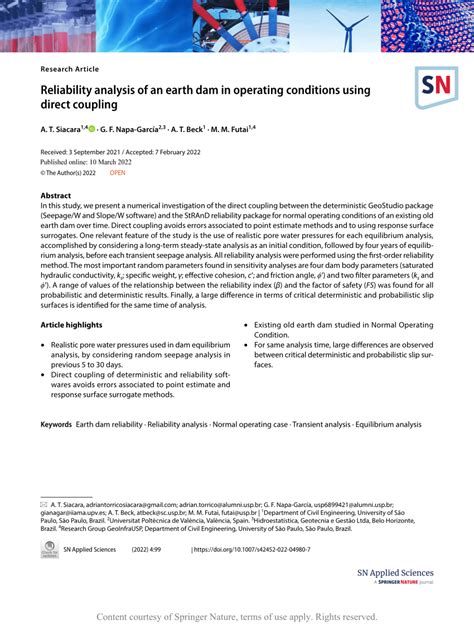 Pdf Reliability Analysis Of An Earth Dam In Operating Conditions
