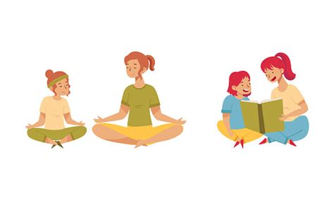 함께 시간을 보내는 가족 구성원이 있습니다 요가를하고 독서 책 벡터 일러스트 레이 션을하는 부모와 어린이 가족에 대한 스톡 벡터 아트 및 기타 이미지 Istock