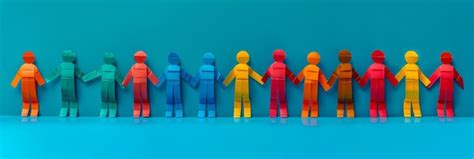 Premium Photo Colorful Paper Cutout Figures Holding Hands On Blue Background