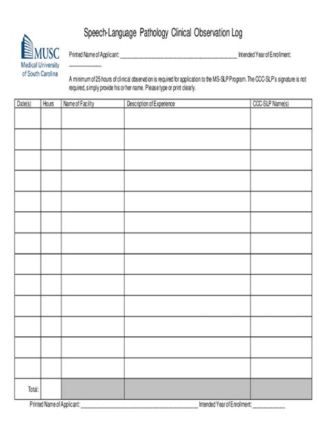 Speech Language Pathology Clinical Observation Log Fill Out Sign
